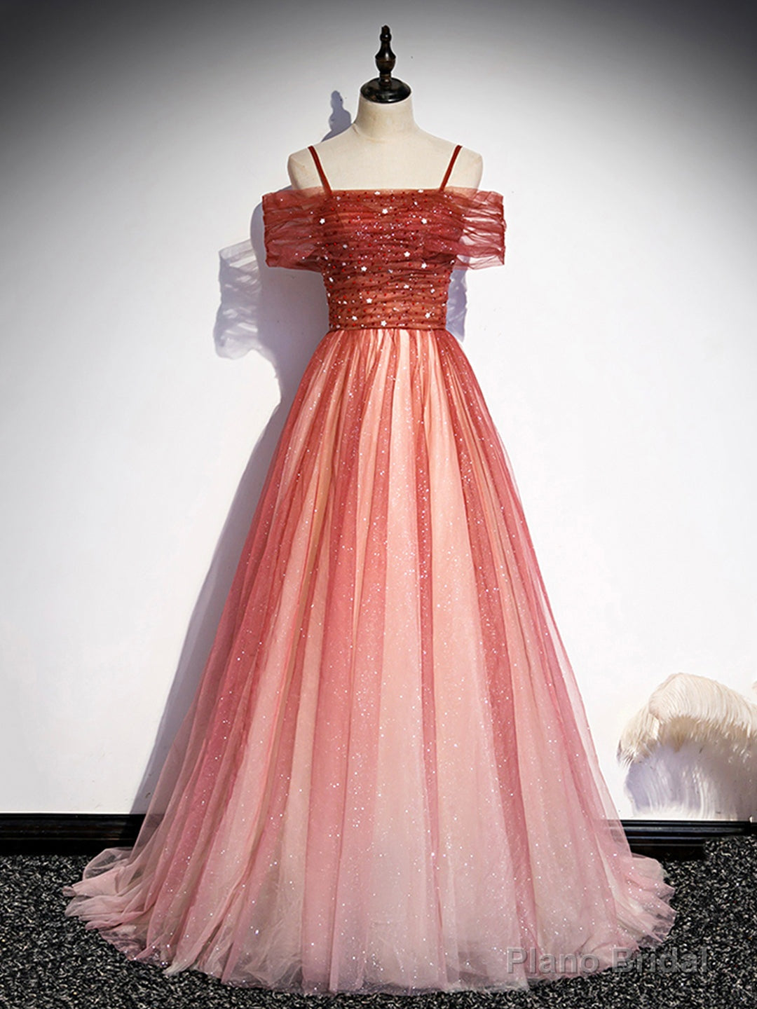 Burgundy Tulle Long Prom Dress, A-Line Off Shoulder Evening Dress ...