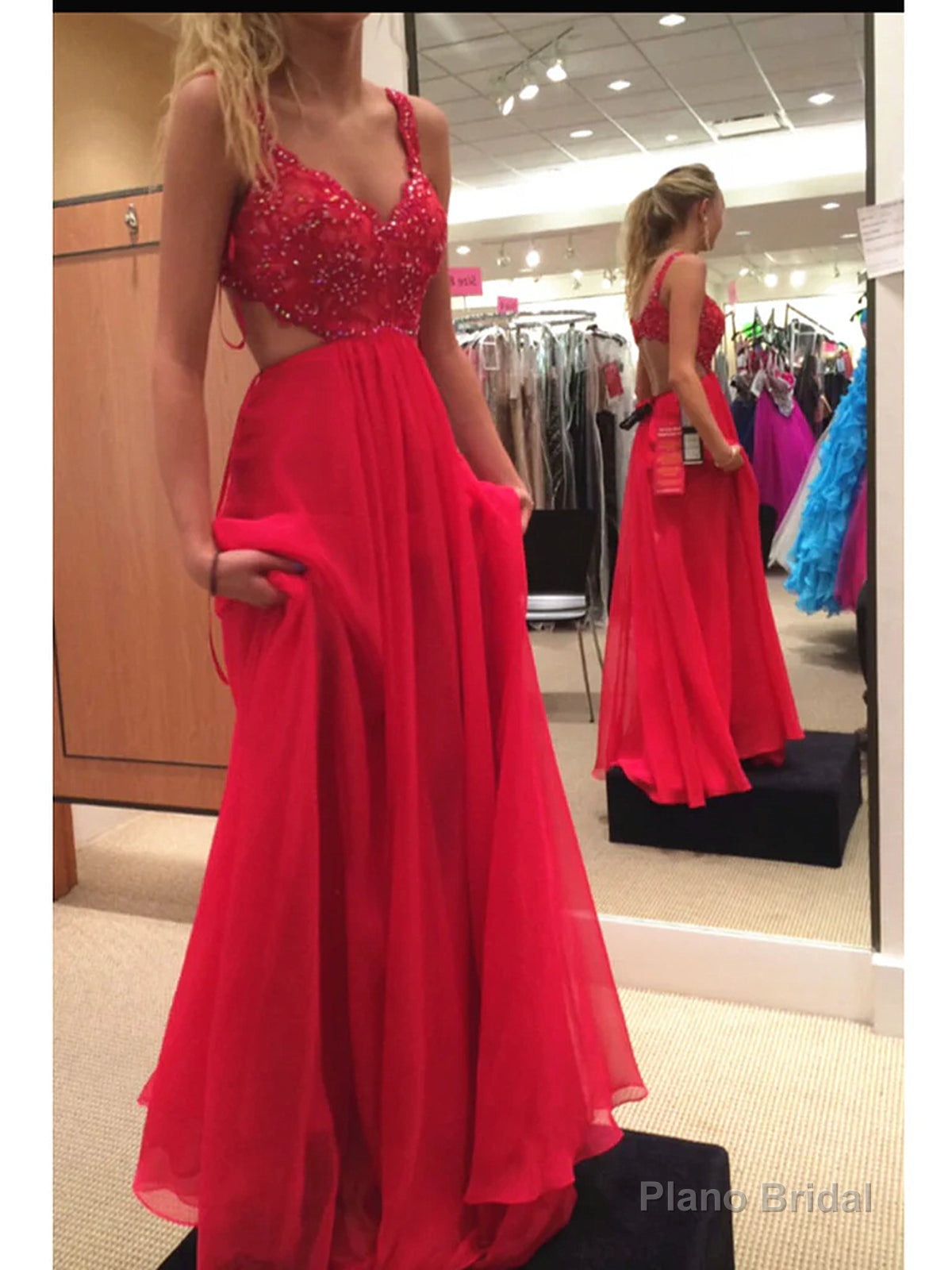 Custom Made A Line Backless Lace Red Prom Dresses, Lace Formal Dresses ...