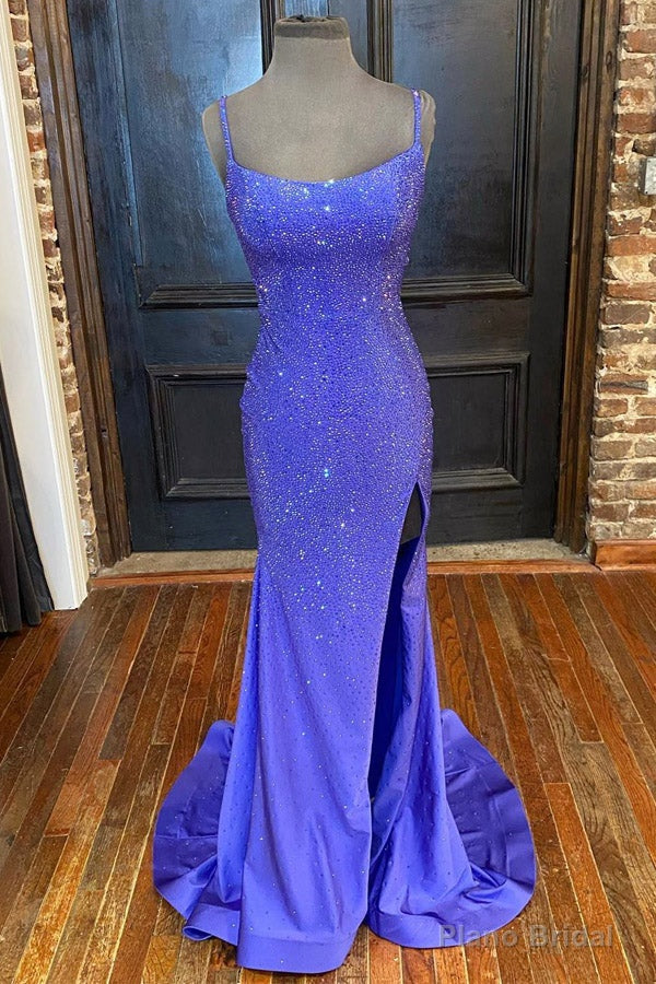 Mermaid Purple Satin Sequins Long Prom Dress With Side Slit – Plano Bridal