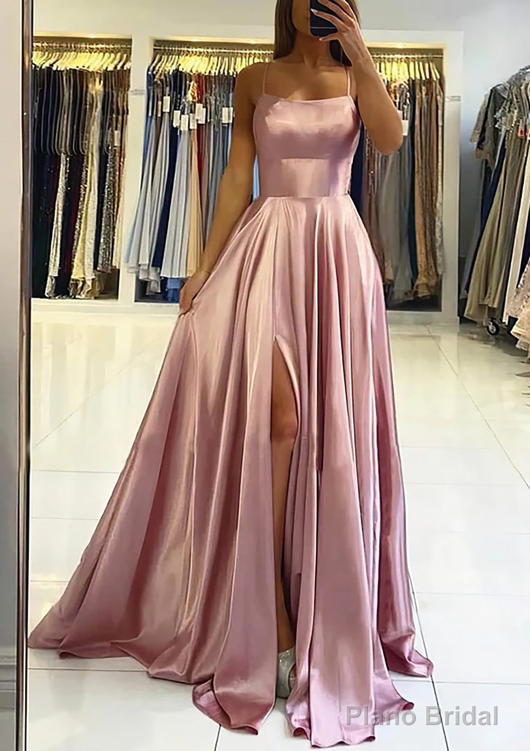 A-line Square Neckline Sleeveless Satin Sweep Train Prom Dresses With ...