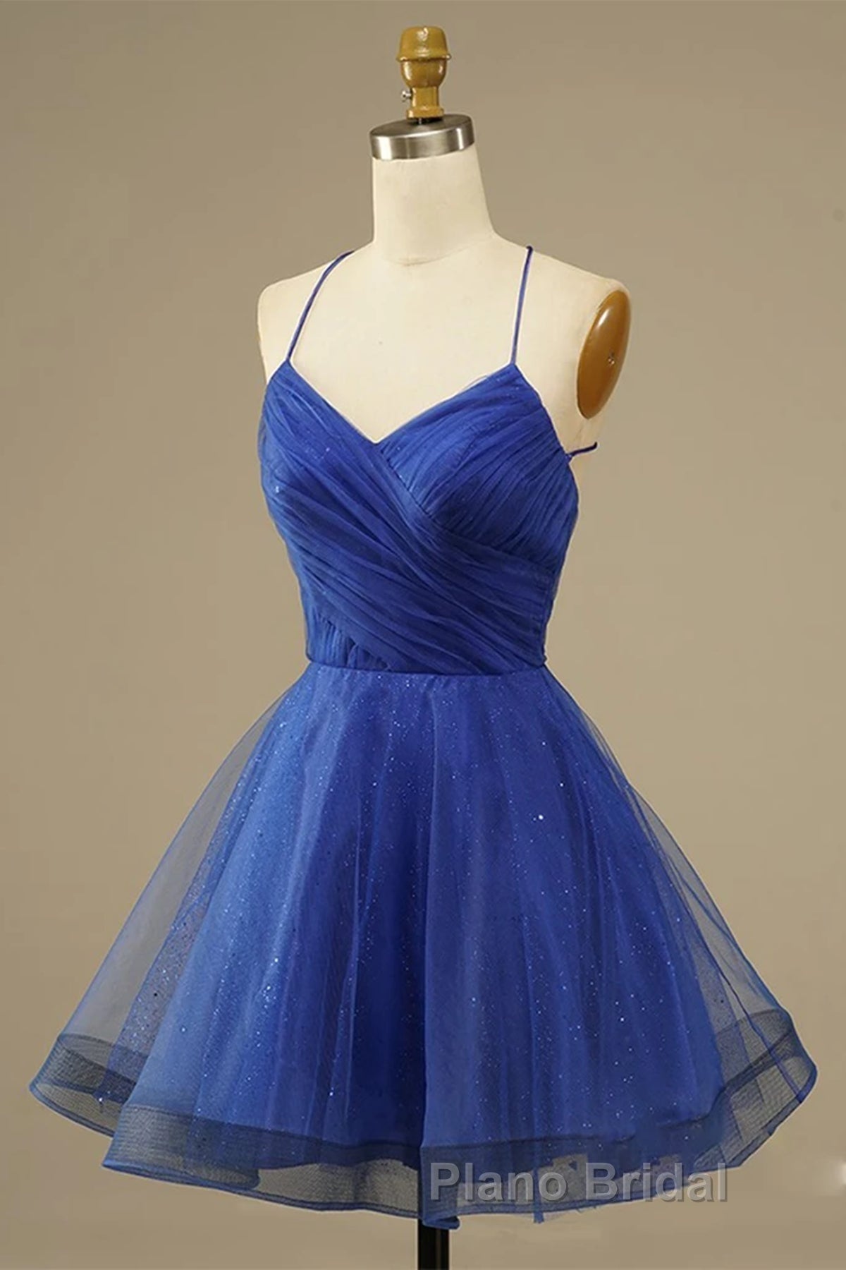 A Line V Neck Backless Blue Tulle Formal Prom Dress, Backless Blue Hom ...