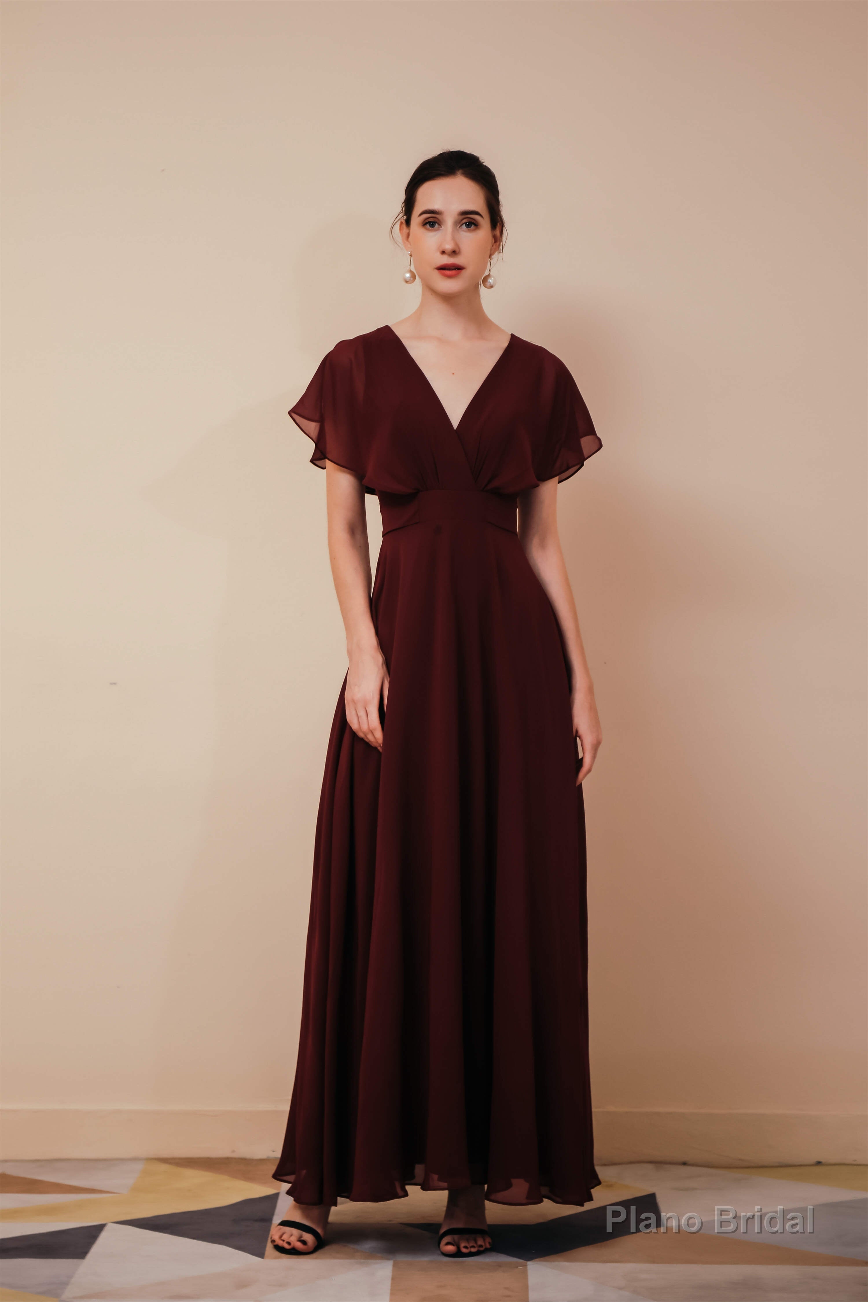 Burgundy V-Neck Chiffon A Line Long Prom Dresses – Plano Bridal