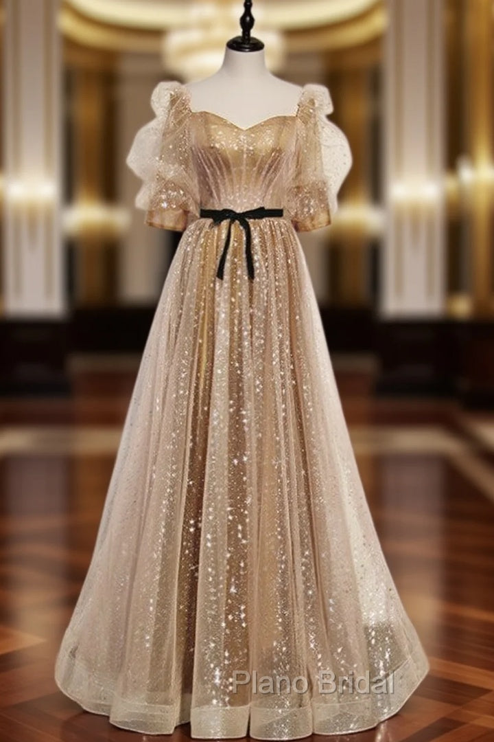 Champagne Gold Tulle Square Short Sleeve Formal Prom Dresses – Plano Bridal