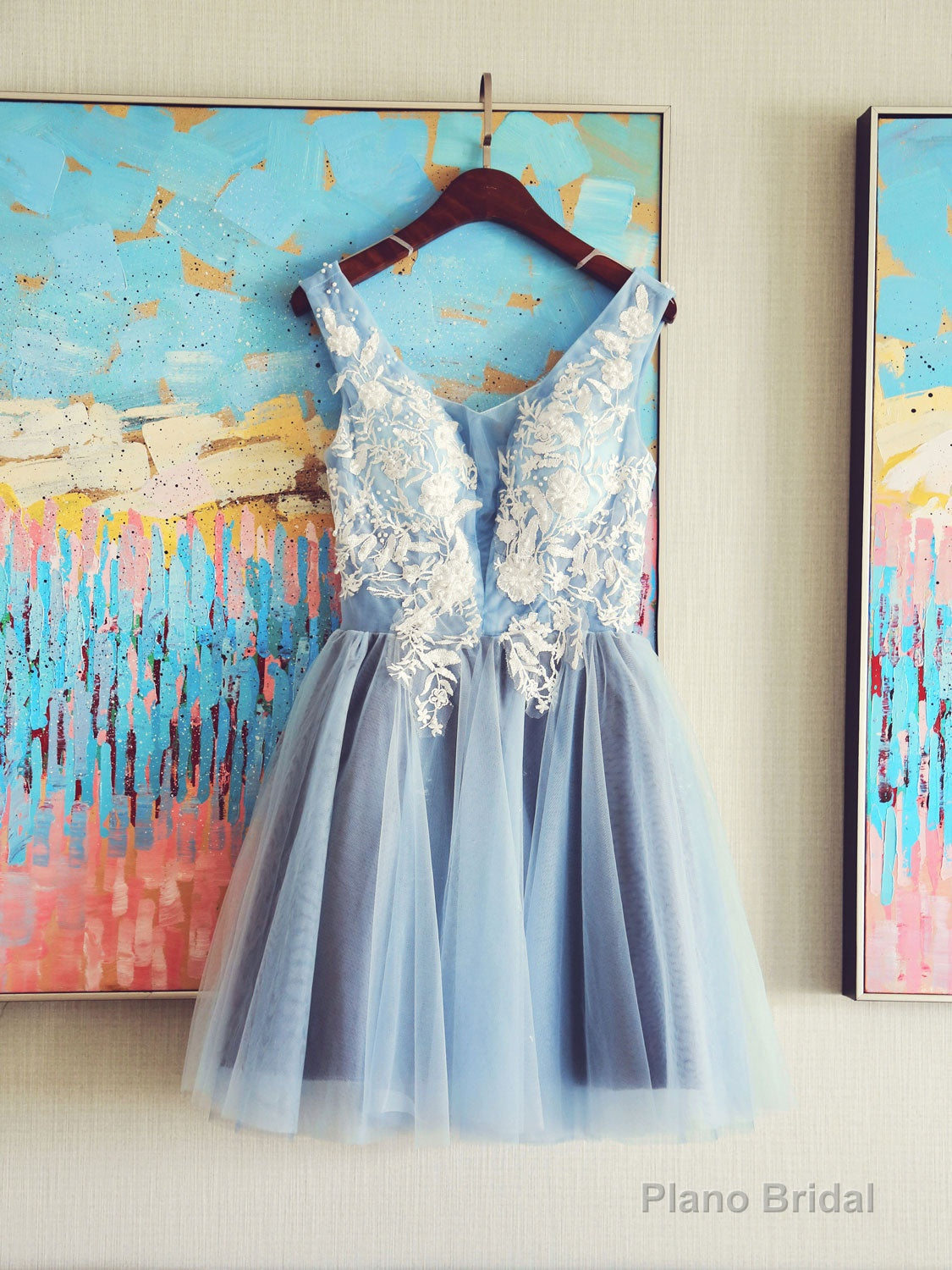 Cute V Neck Light Blue Tulle Lace Short Prom Dress Blue Homecoming Dre ...