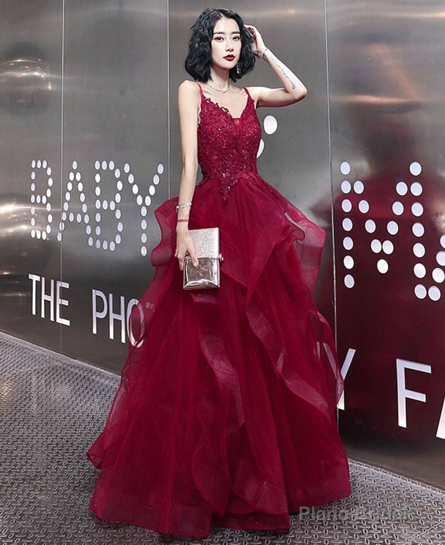 Burgundy lace prom gown evening dress – Plano Bridal