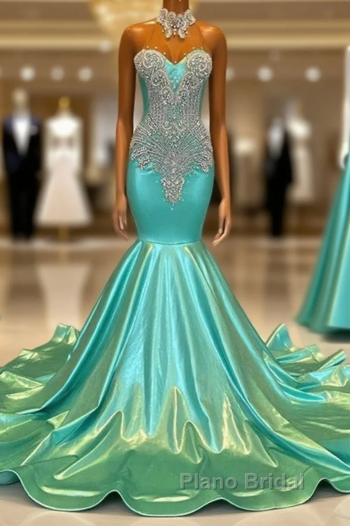 High Neck Mermaid Mint Green Satin Formal Prom Dresses – Plano Bridal