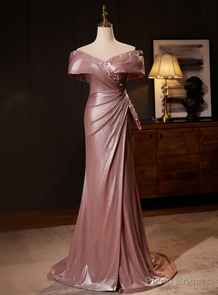 Pink Mermaid Off the Shoulder Pearls Prom Dress – Plano Bridal