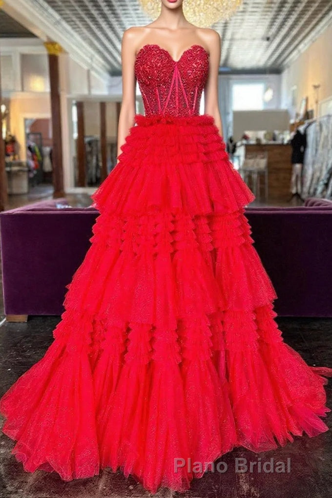 Red Sweetheart Sequins Top Multi-Layers Long Prom Dress,Tiered Formal ...