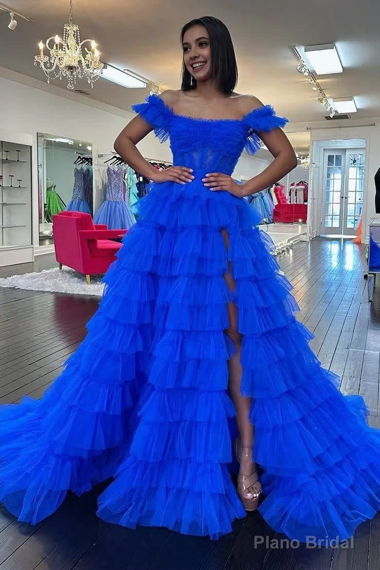 Royal Blue Off the Shoulder Ruffle Tiered Tulle Long Prom Dresses with ...