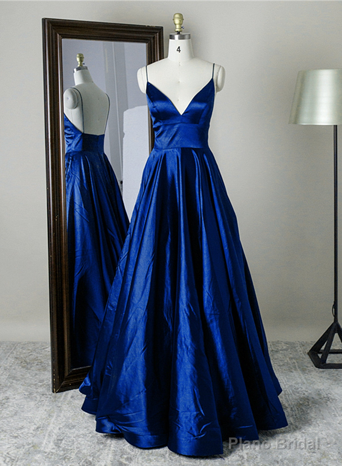 Royal Blue Satin Straps V-neckline Long Formal Dress, Royal Blue Prom ...