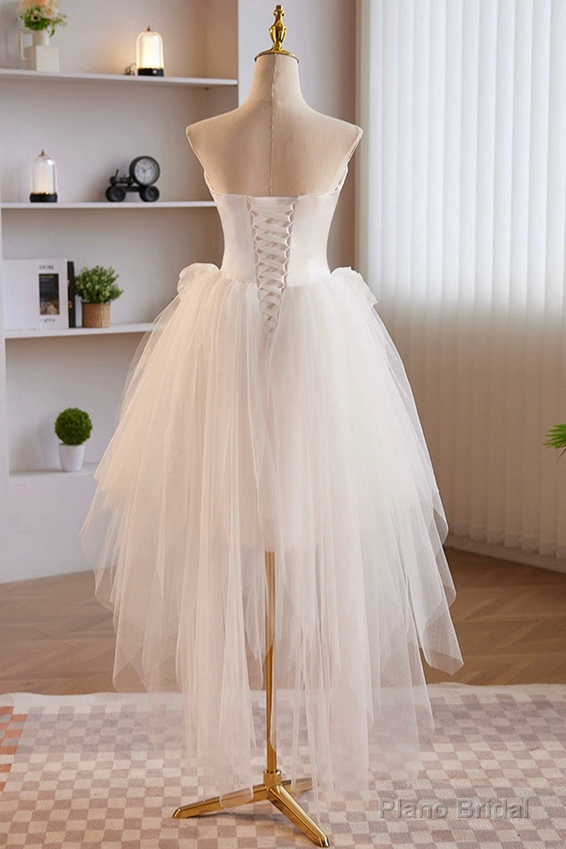 Unique White Strapless Irregular Tulle Short Prom Dress, White Party D ...